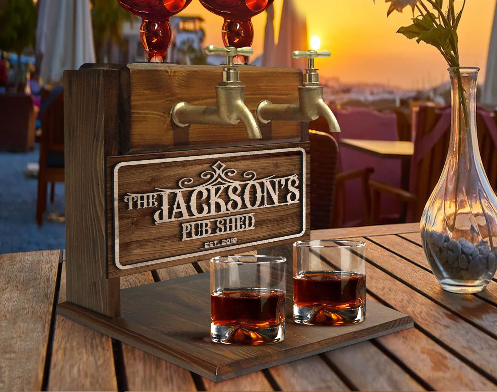 Personalized Embossed Named Wooden Double Faucet Whiskey Dispenser, Bar ...