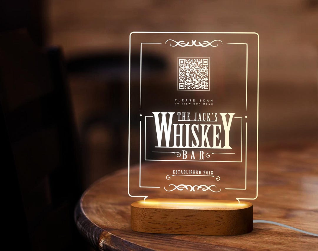 Custom LED Qr Code Menu Sign, LED Decor With Natural Wood Base ...