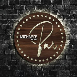 Personalized LED Light Wooden Bar Sign, Custom Embossed Round Wood Bar ...