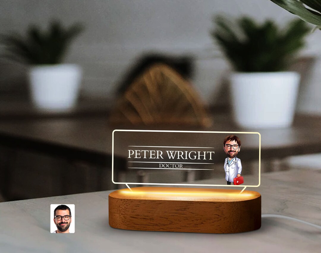 Personalized Cartoon LED Light Doctor Name Plate With Natural Wood Base ...