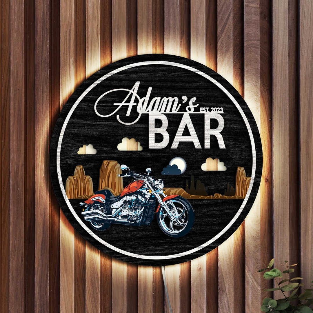 Personalized LED Light Wooden Bar Sign, Custom Embossed Round Wood Bar ...
