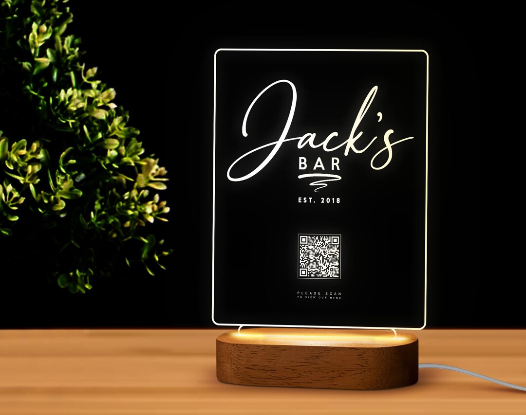 Custom LED Qr Code Menu Sign, LED Decor With Natural Wood Base ...