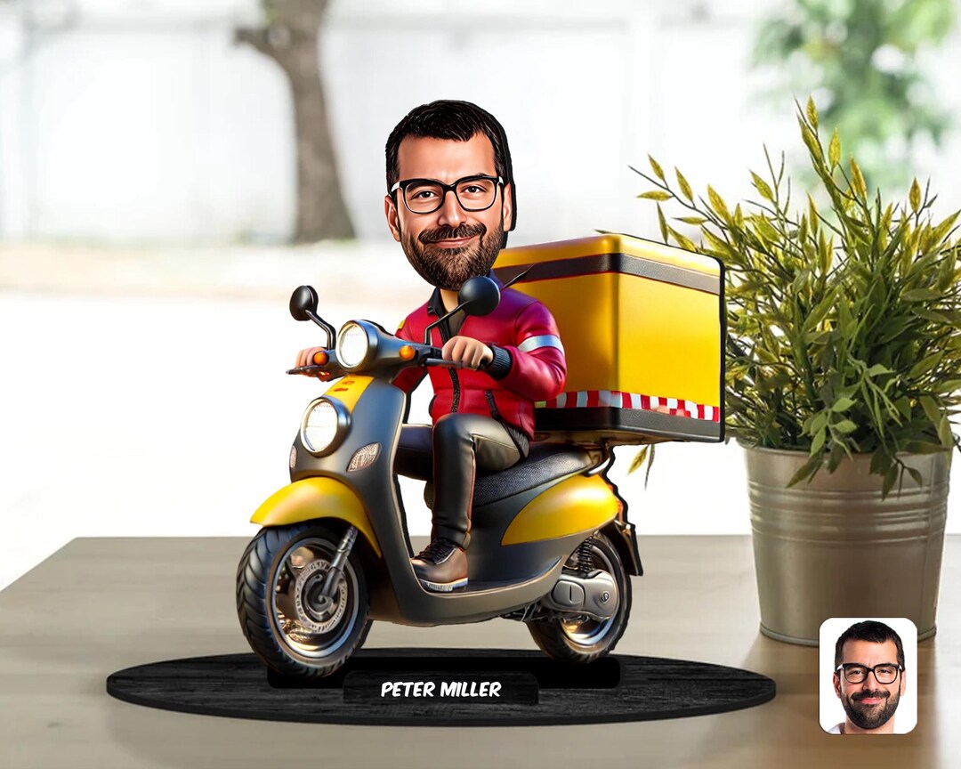 Personalized 3D Wooden Cartooned Motorcycle Courier Figurine Trinket ...