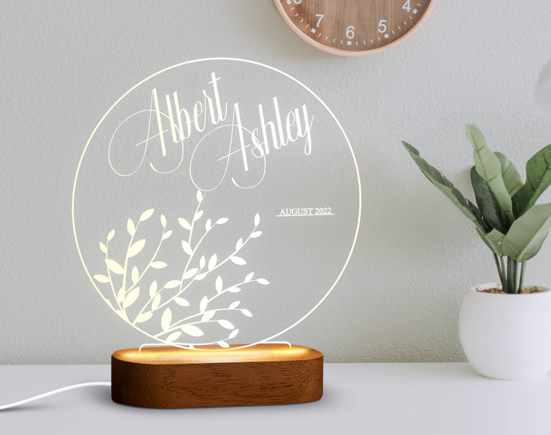 Custom LED Night Light Decor With Natural Wood Base, Personalized LED ...