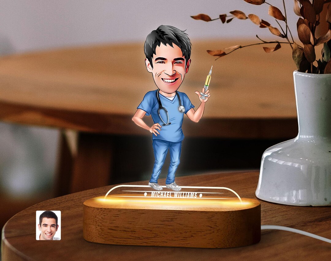 Personalized LED Light Cartoon Nurse Figurine With Natural Wooden Stand ...