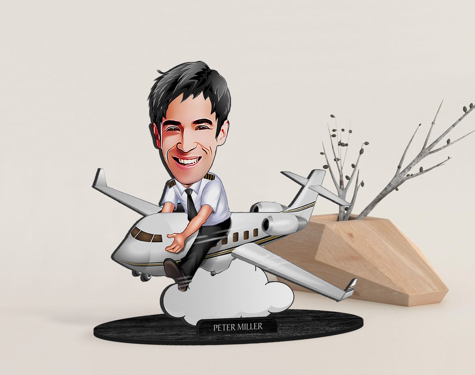 Personalized 3D Wooden Cartooned Captain Pilot Figurine Trinket, Custom ...