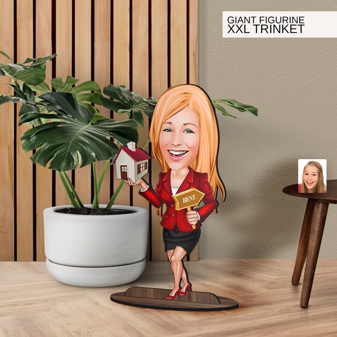 Personalized 3D Wooden Cartoon Estate Agent Oversized Figurine Trinket ...