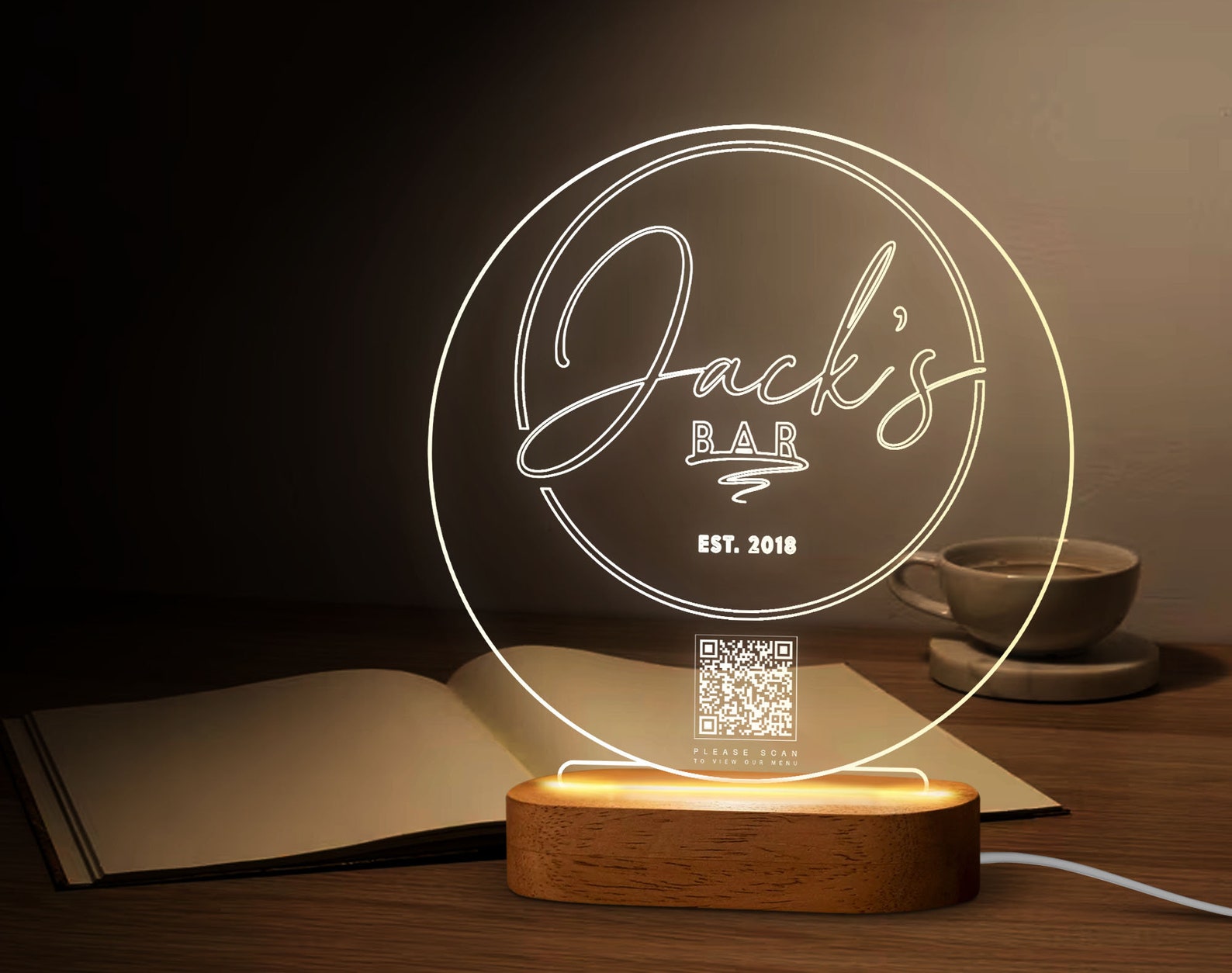 Custom LED Qr Code Menu Sign LED Decor With Natural Wood - Etsy