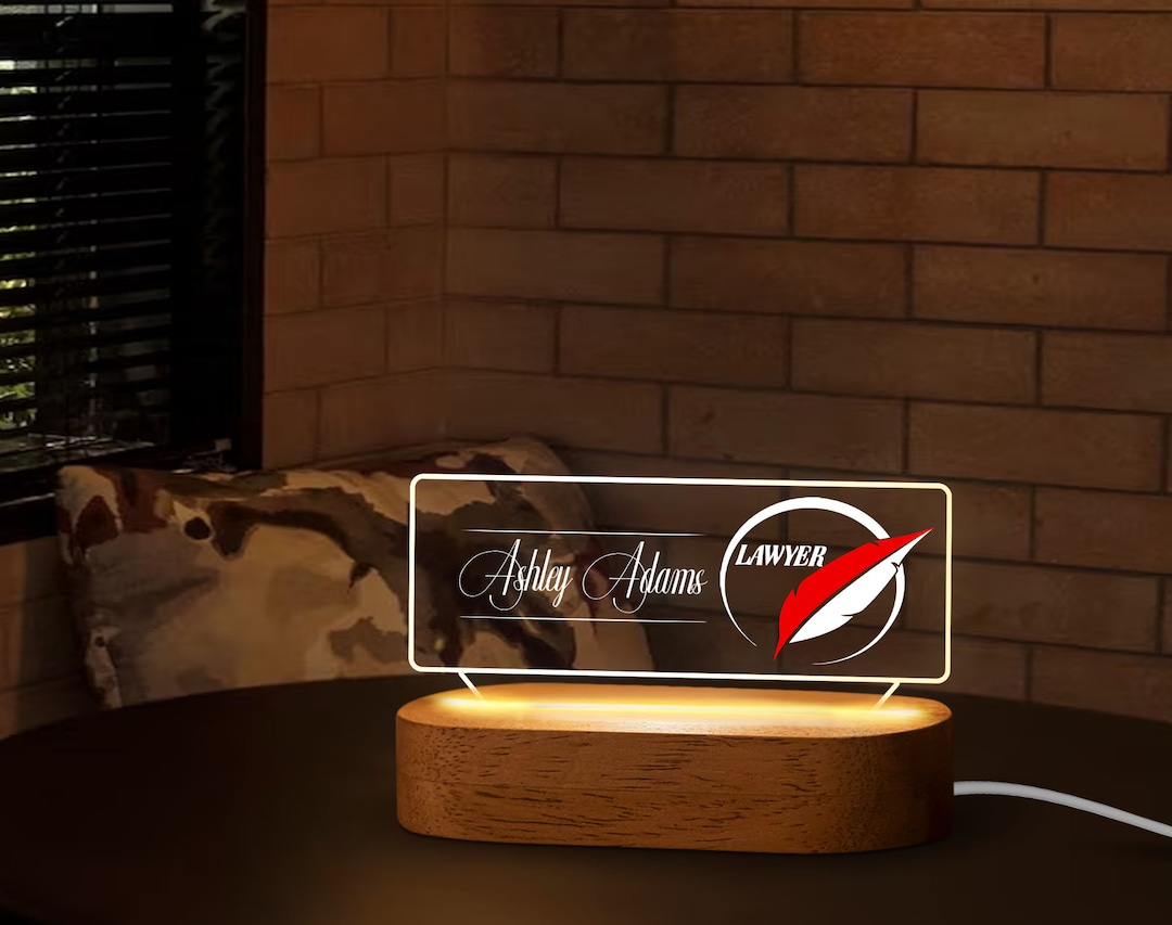 LED Light Lawyer Desk Name Plate With Natural Wood Base, Personalized ...