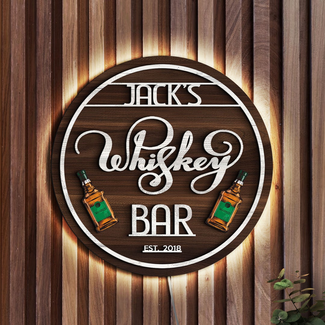 Personalized LED Light Wooden Bar Sign, Custom Embossed Round Wood Bar ...