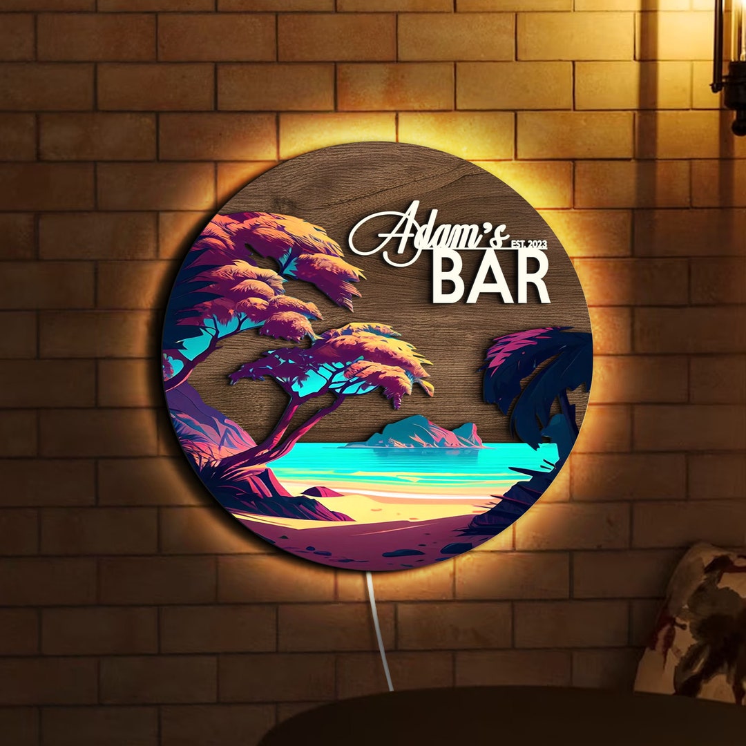 Personalized LED Light Wooden Bar Sign, Custom Embossed Round Wood Bar ...
