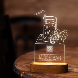 Custom LED Qr Code Menu Sign, LED Decor With Natural Wood Base ...