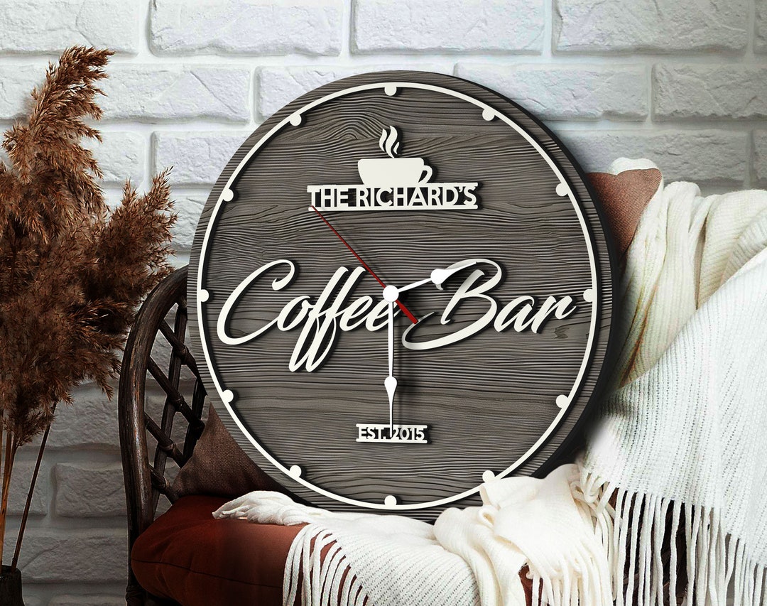 Personalized Coffee Bar Clock Sign, 3D Round Wooden Wall Clock, Custom ...