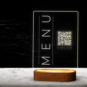 Custom LED Qr Code Menu Sign, LED Decor With Natural Wood Base ...