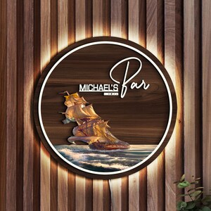 Personalized LED Light Wooden Bar Sign, Custom Embossed Round Wood Bar ...