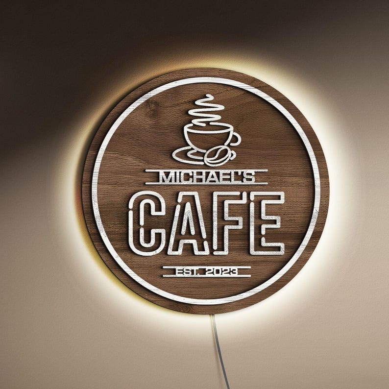 Personalized LED Light Wooden Coffee Bar Sign, Custom Embossed Round ...