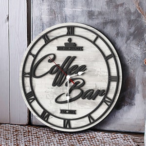 Personalized Coffee Bar Clock Sign, 3D Round Wooden Wall Clock, Custom ...