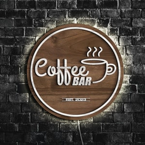 Personalized LED Light Wooden Coffee Bar Sign, Custom Embossed Round ...