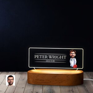 Personalized Cartoon LED Light Doctor Name Plate With Natural Wood Base ...