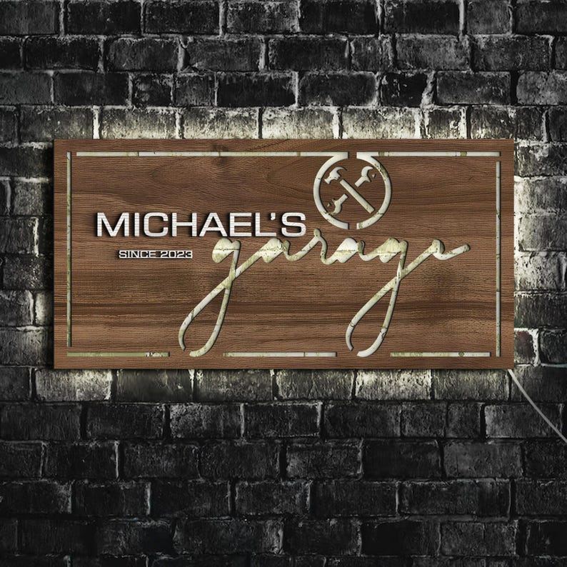 Personalized LED Light Wooden Garage Sign, Custom Embossed Wood Sign ...