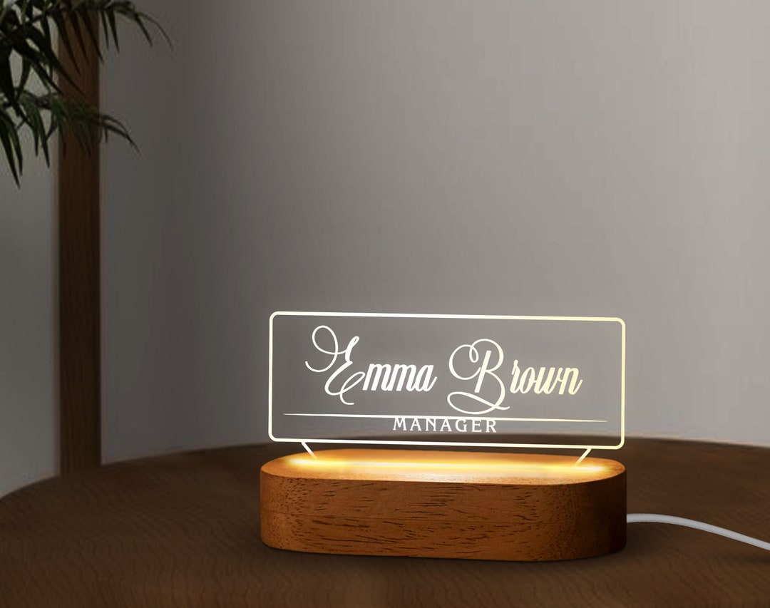 LED Light Desk Nameplate With Natural Wood Base, Personalized LED ...