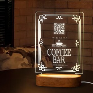 Custom LED Qr Code Menu Sign, LED Decor With Natural Wood Base ...