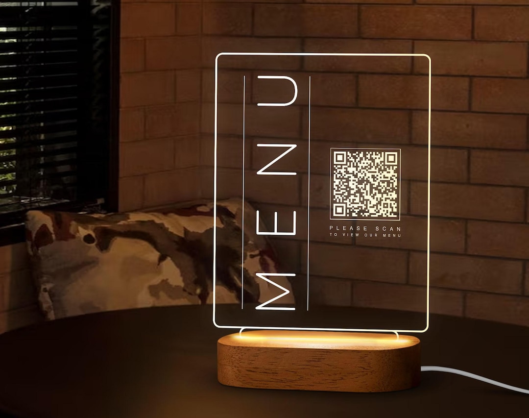 Custom LED Qr Code Menu Sign, LED Decor With Natural Wood Base ...