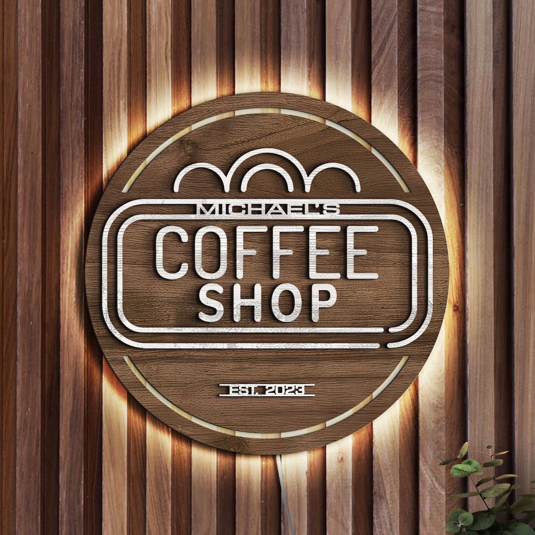 Personalized LED Light Wooden Coffee Bar Sign, Custom Embossed Round ...