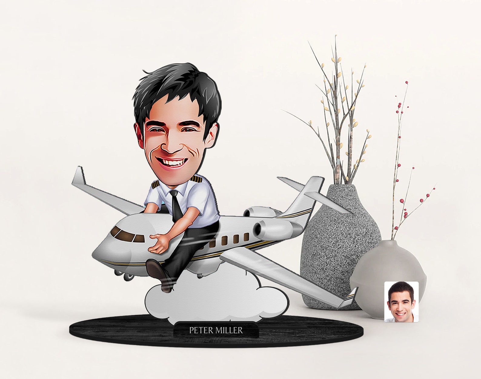 Personalized 3D Wooden Cartooned Captain Pilot Figurine Trinket, Custom ...
