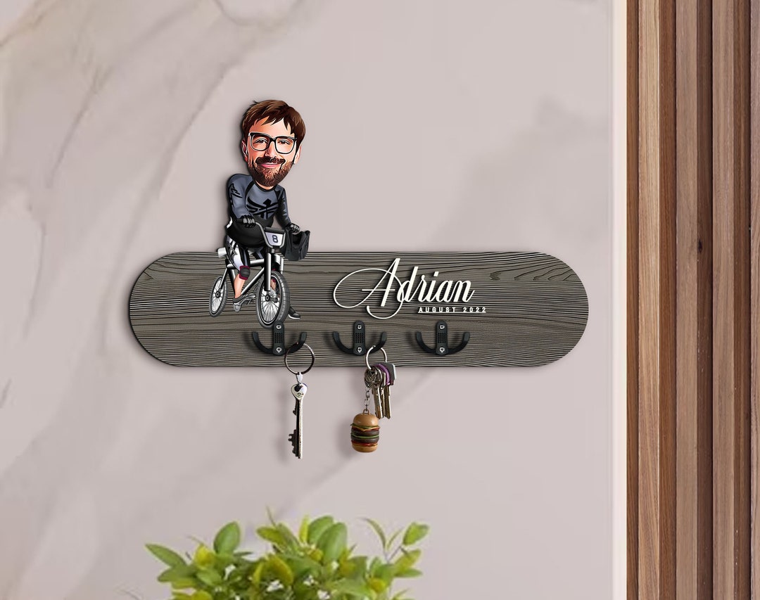 Personalized 3D Wood Entryway Organizer With Bicyclist Cartoon, Wooden ...