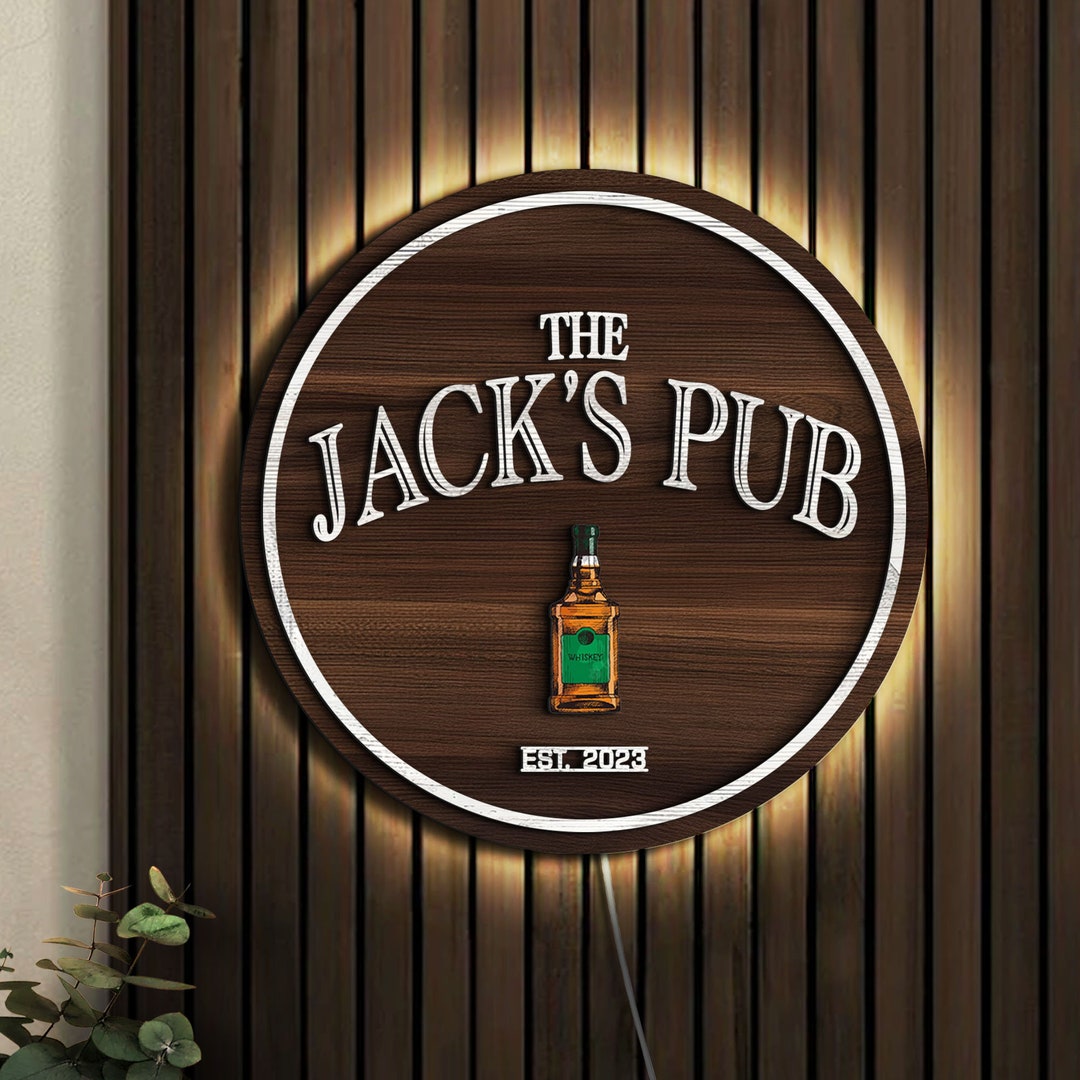Personalized LED Light Wooden Bar Sign, Custom Embossed Round Wood Bar ...