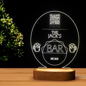 Custom LED Qr Code Menu Sign, LED Decor With Natural Wood Base ...