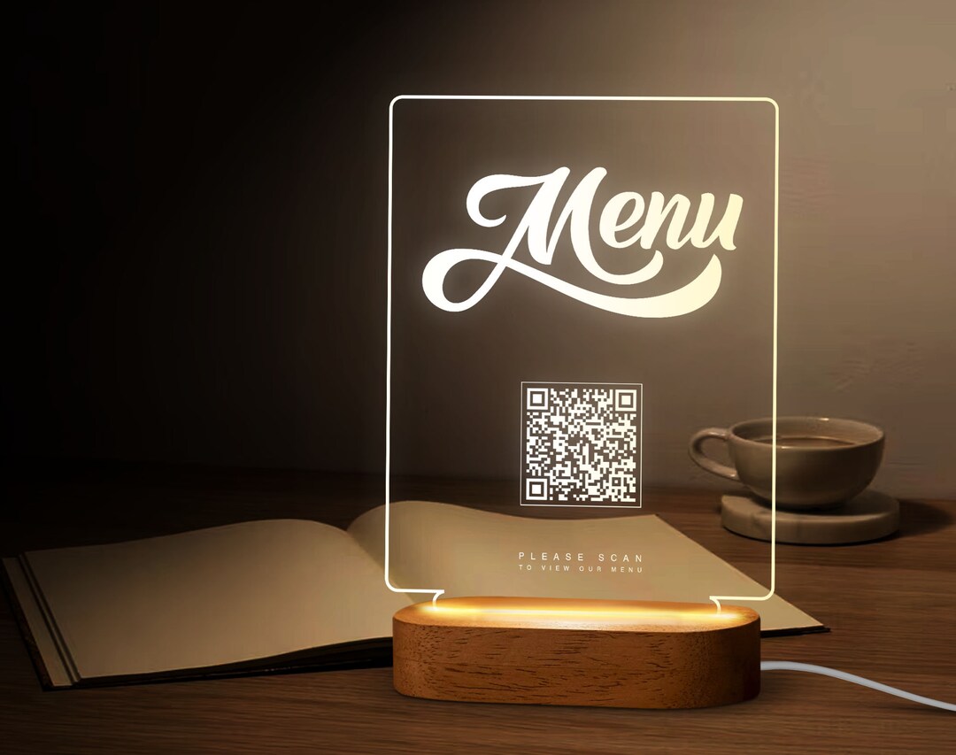 Custom LED Qr Code Menu Sign, LED Decor With Natural Wood Base ...