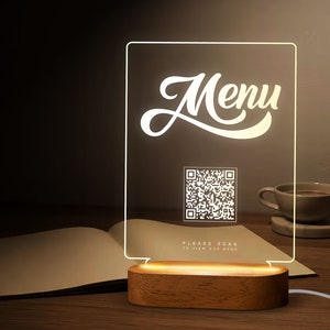 Custom LED Qr Code Menu Sign, LED Decor With Natural Wood Base ...