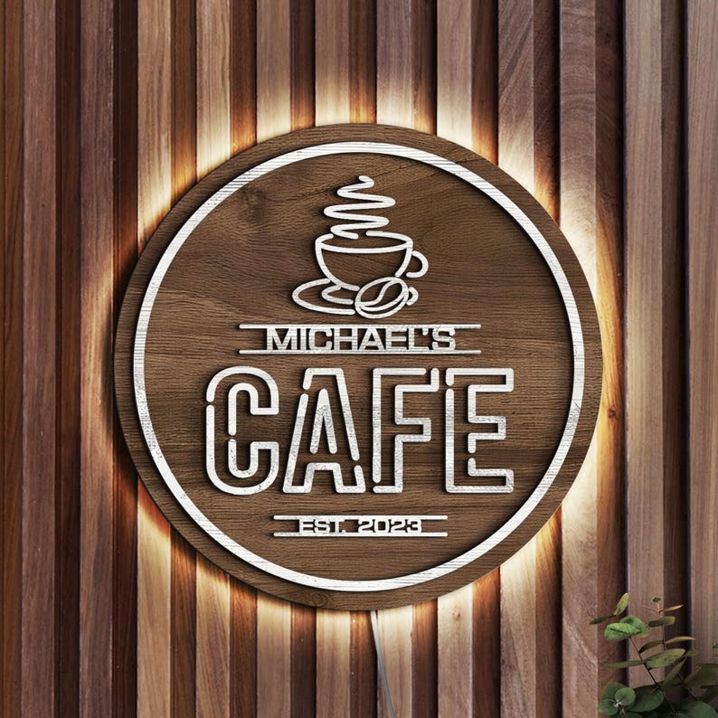 Personalized LED Light Wooden Coffee Bar Sign, Custom Embossed Round ...