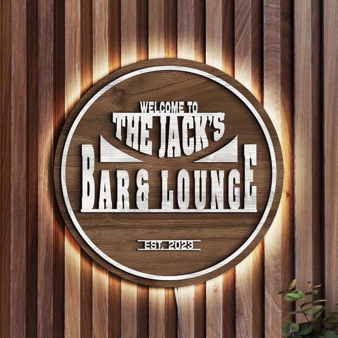 Personalized LED Light Wooden Bar Sign, Custom Embossed Round Wood Bar ...