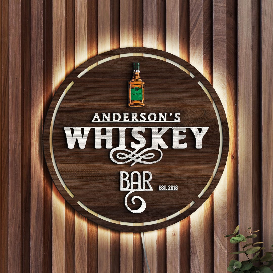 Personalized LED Light Wooden Bar Sign, Custom Embossed Round Wood Bar ...