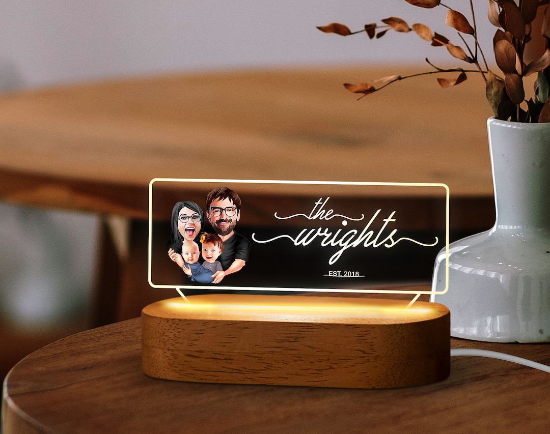 Personalized LED Light Family Cartoon With Natural Wood Base, Custom ...