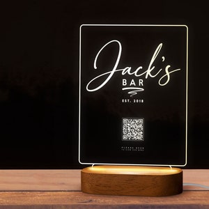 Custom LED Qr Code Menu Sign, LED Decor With Natural Wood Base ...