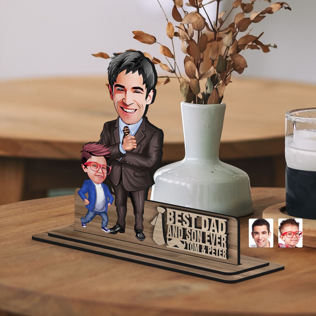 Personalized 3D Wooden Embossed Cartoon Dad and Son Figurine Trinket ...