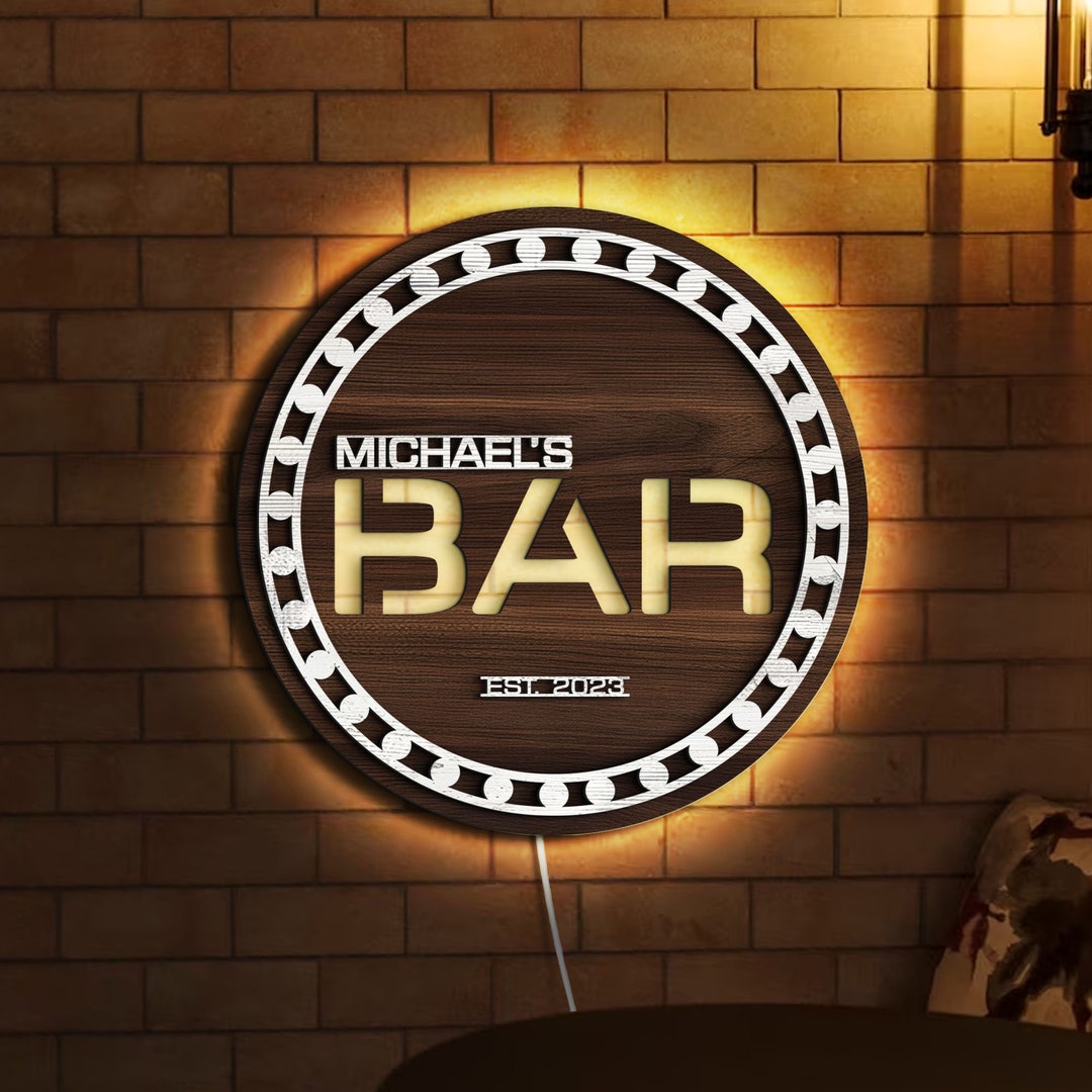 Personalized LED Light Wooden Bar Sign, Custom Embossed Round Wood Bar ...
