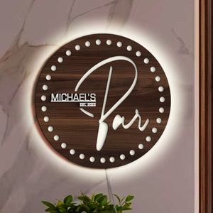 Personalized LED Light Wooden Bar Sign, Custom Embossed Round Wood Bar ...