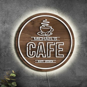 Personalized LED Light Wooden Coffee Bar Sign, Custom Embossed Round ...