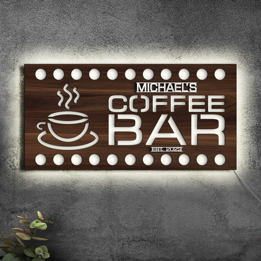 Personalized LED Light Wooden Coffee Bar Sign, Custom Embossed Wood ...