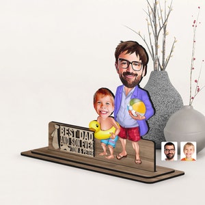 Personalized 3D Wooden Embossed Cartoon Dad and Son Figurine Trinket ...