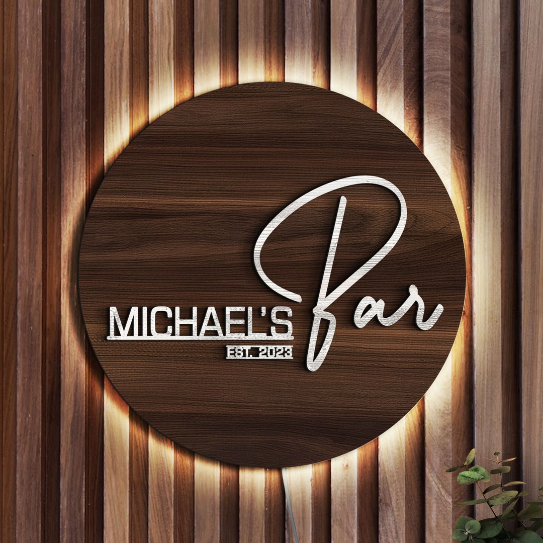 Personalized LED Light Wooden Bar Sign, Custom Embossed Round Wood Bar ...