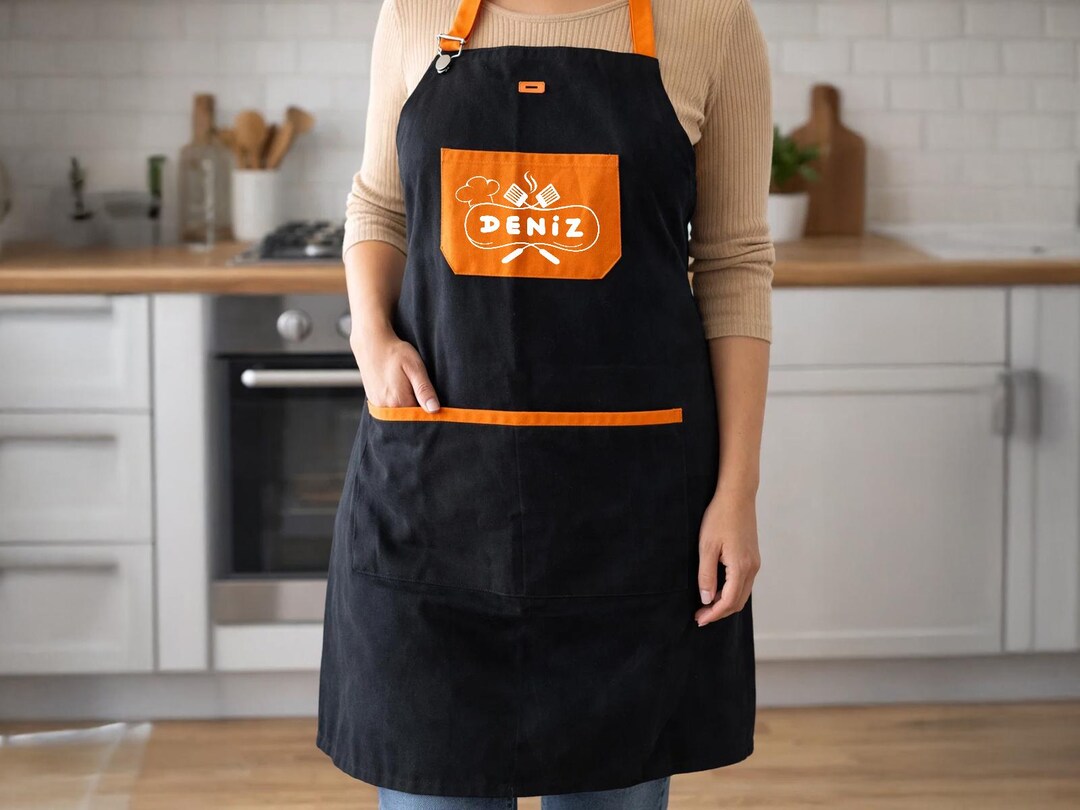 Personalized Black Chef Apron – Water-resistant Cotton With Orange ...