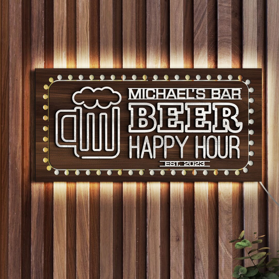 Personalized LED Light Wooden Bar Sign, Custom Embossed Wood Bar Sign ...