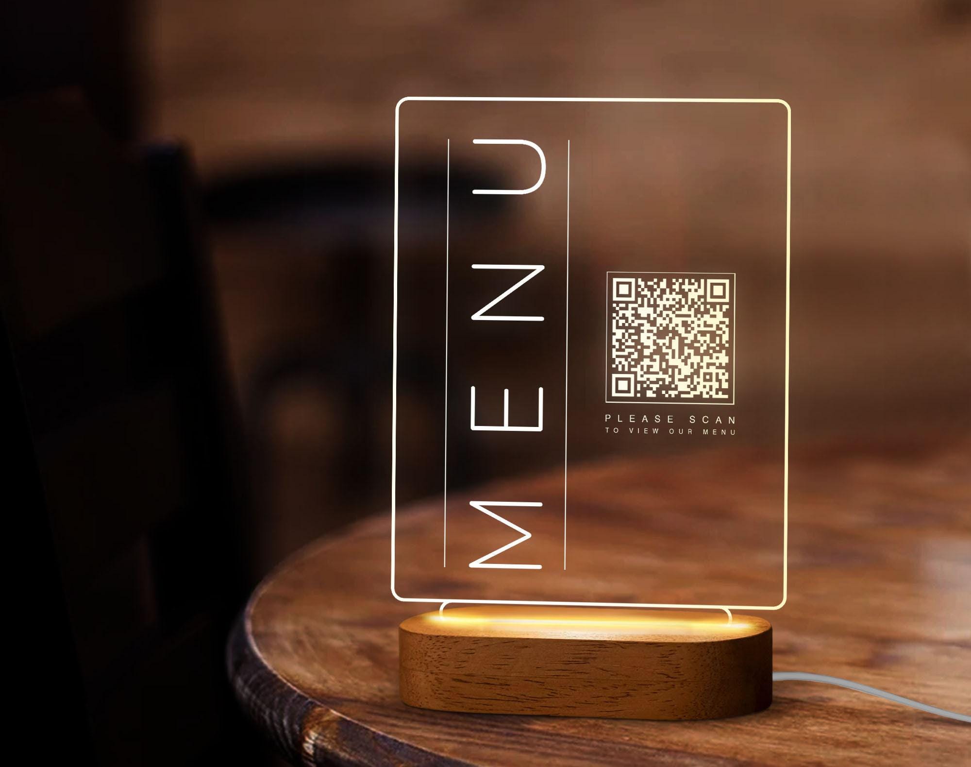 Custom LED Qr Code Menu Sign, LED Decor With Natural Wood Base ...