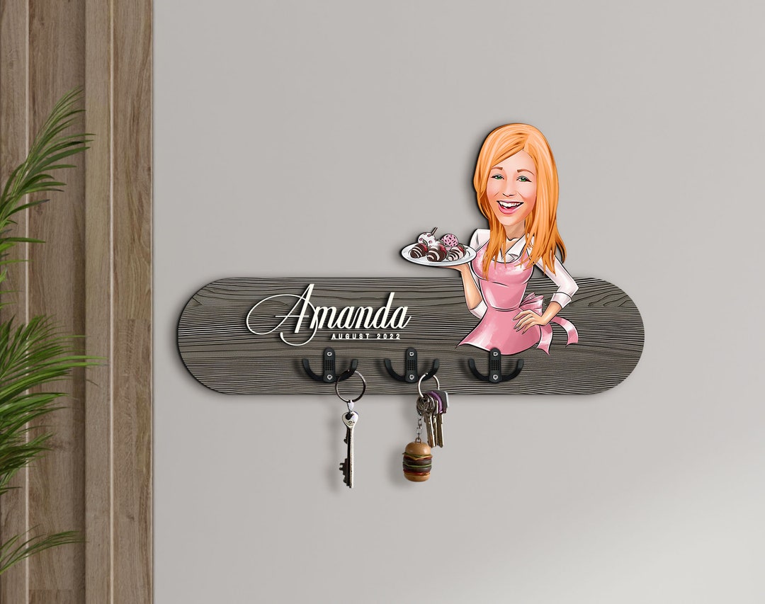 Personalized 3D Wood Entryway Organizer With Cook Cartoon, Wooden Key ...